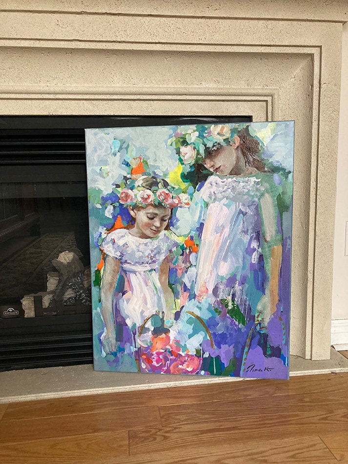 TWO GIRLS With FLOWERS Original Oil Painting on 30x24 Canvas - Etsy