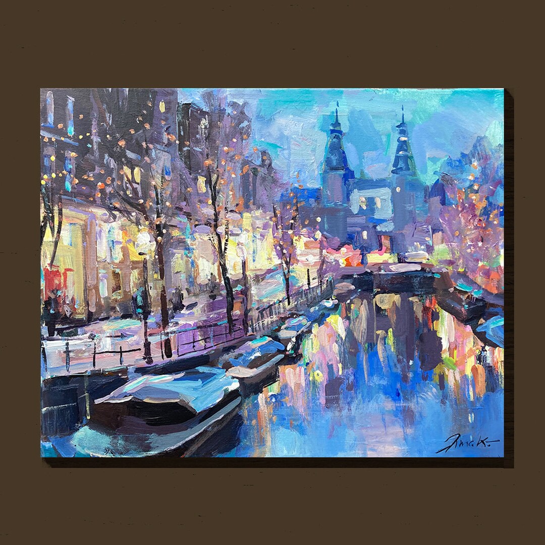 AMSTERDAM CITY NIGHT Original Painting on 16x20 Canvas by Dima - Etsy