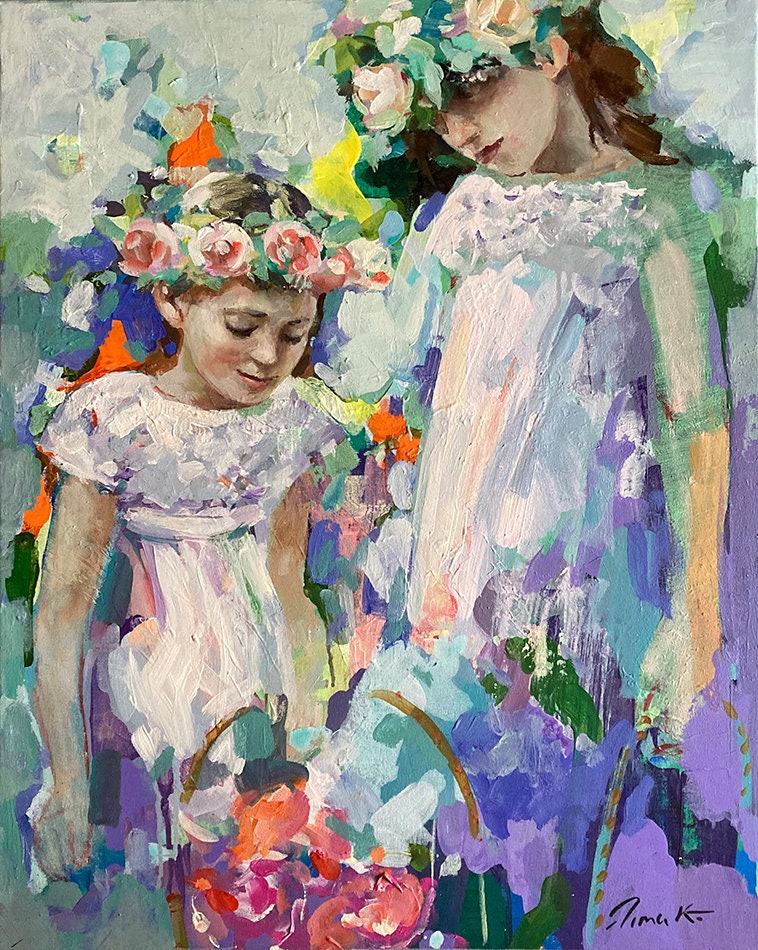 TWO GIRLS With FLOWERS Original Oil Painting on 30x24 Canvas - Etsy