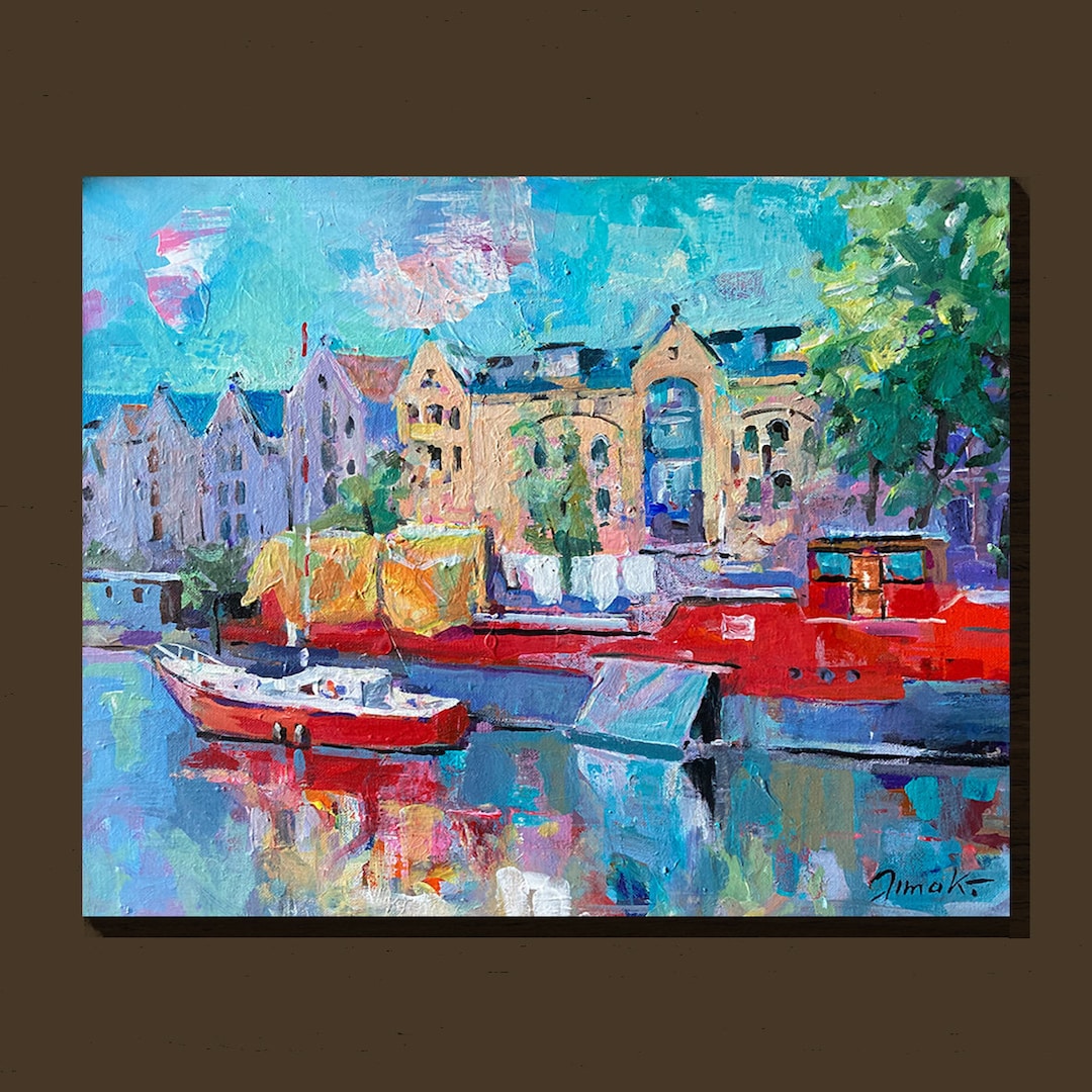 RED BOATS, AMSTERDAM Original Painting on 16x20 Canvas by Dima K, Canal ...