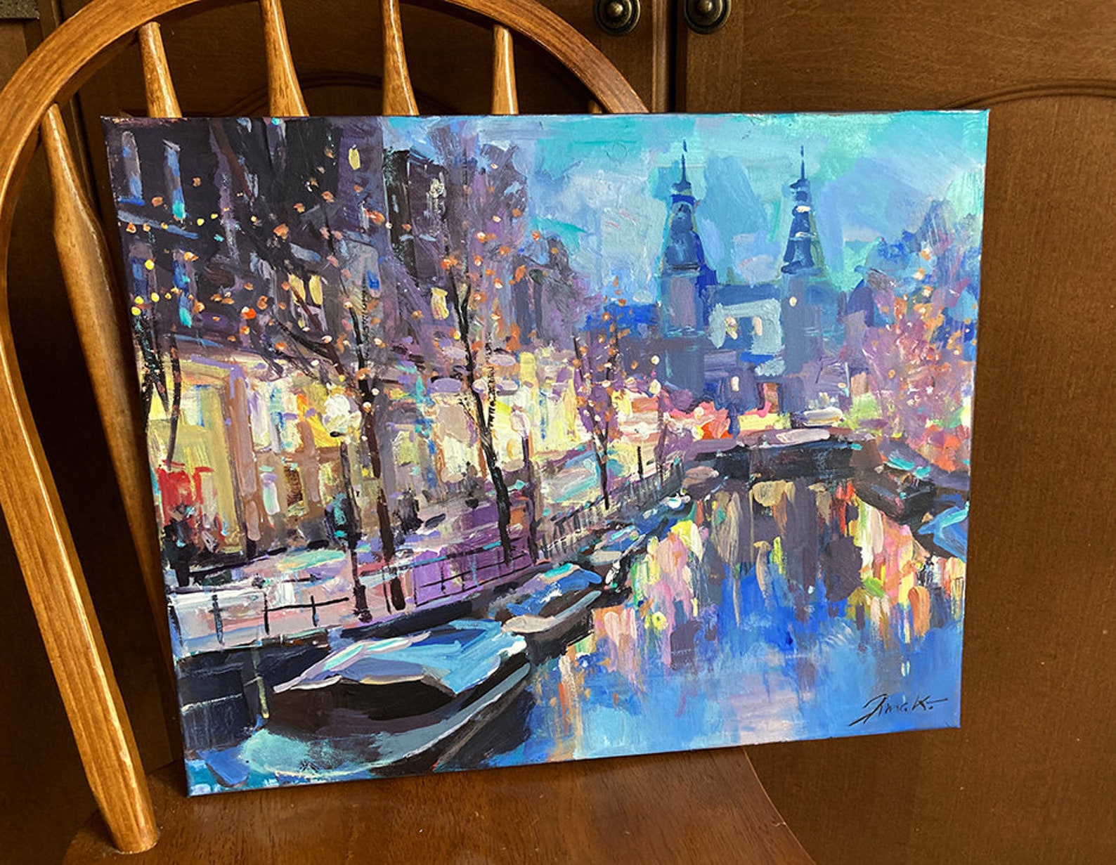 AMSTERDAM CITY NIGHT Original Painting on 16x20 Canvas by Dima - Etsy