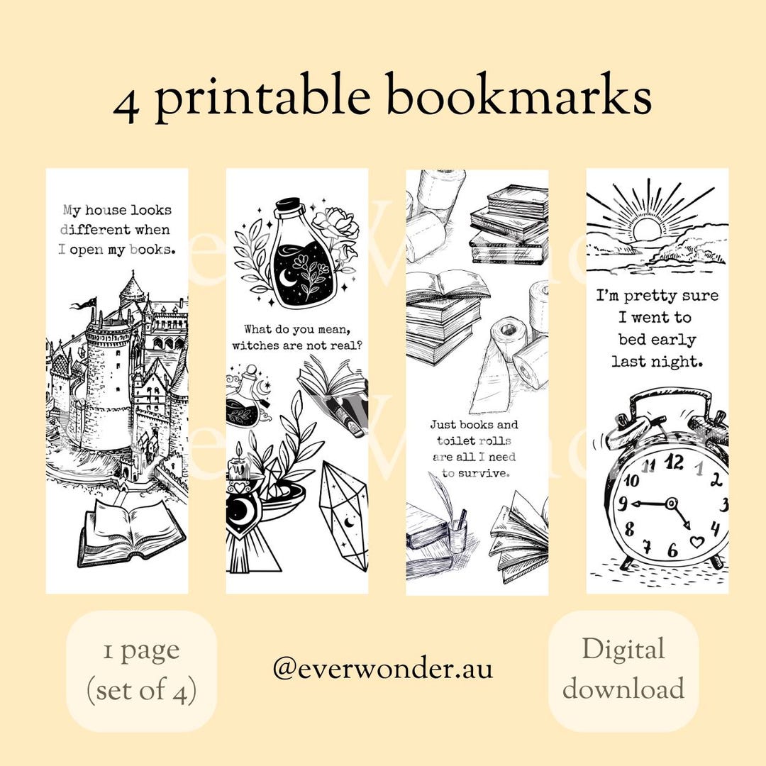 Printable Bookmarks for Book Lovers - Set of 4 Digital Downloads ...