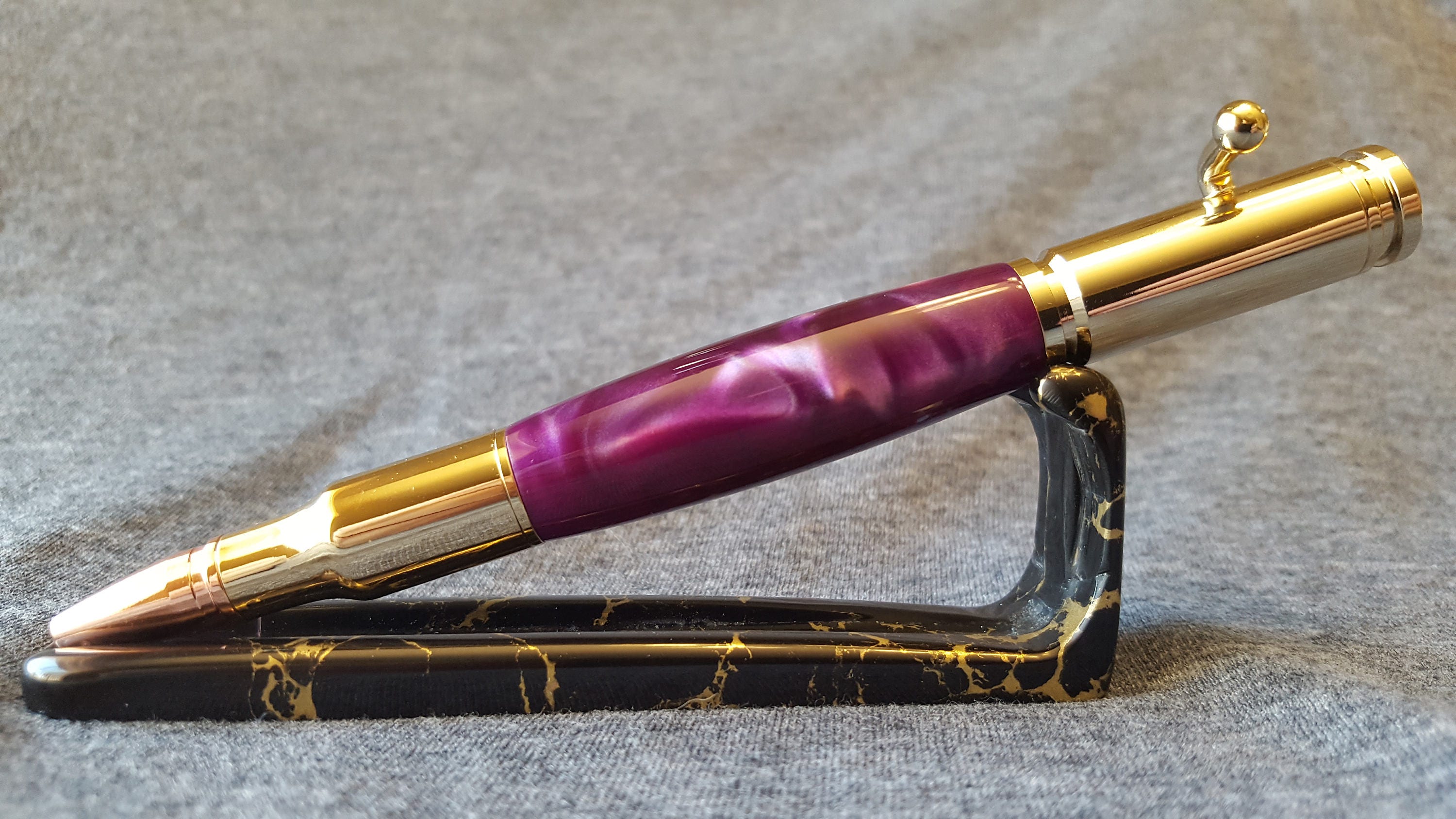 24kt Gold .30 Caliber Bolt Action Click Pen With Amethyst Purple Silk ...