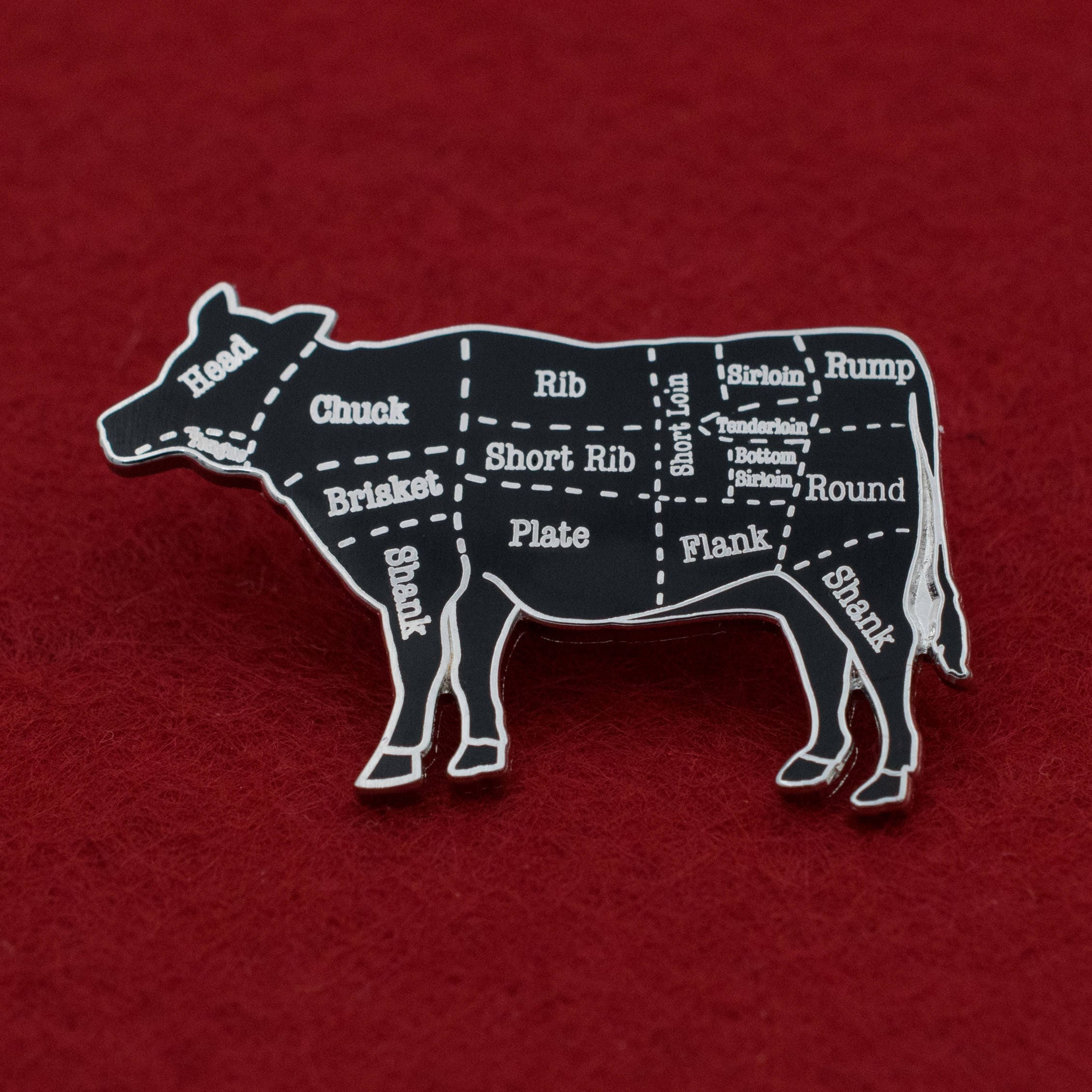 Silver Cow Butcher Cuts Diagram and Chef's Knife Set Hard Enamel Lapel ...
