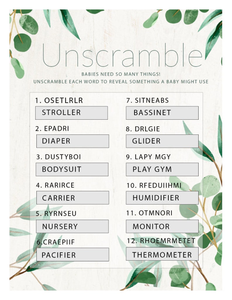 Eucalyptus Baby Shower Word Unscramble - Etsy