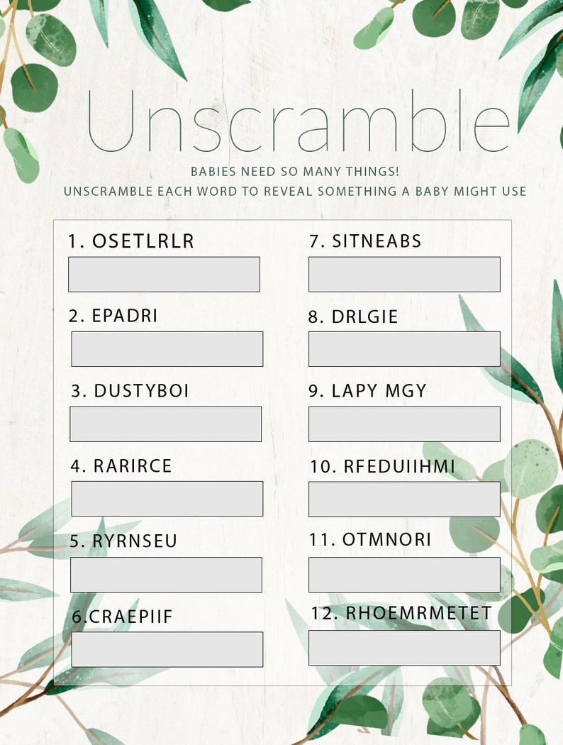 Eucalyptus Baby Shower Word Unscramble - Etsy