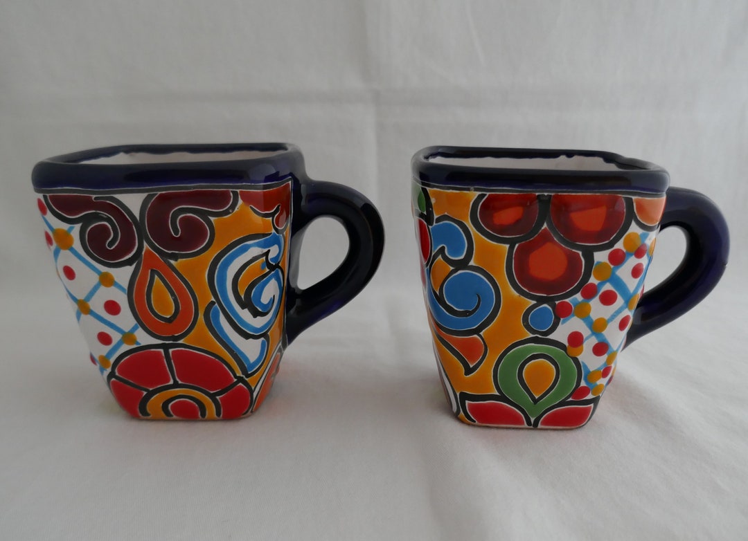 Set of 2 Talavera Square Coffee MUGS, Hand Painted in Mexico - Etsy