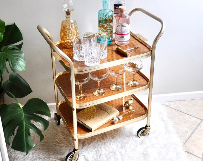 Vintage Mid Century Modern Drinks Trolley or Bar Cart on Wheels, Gold ...