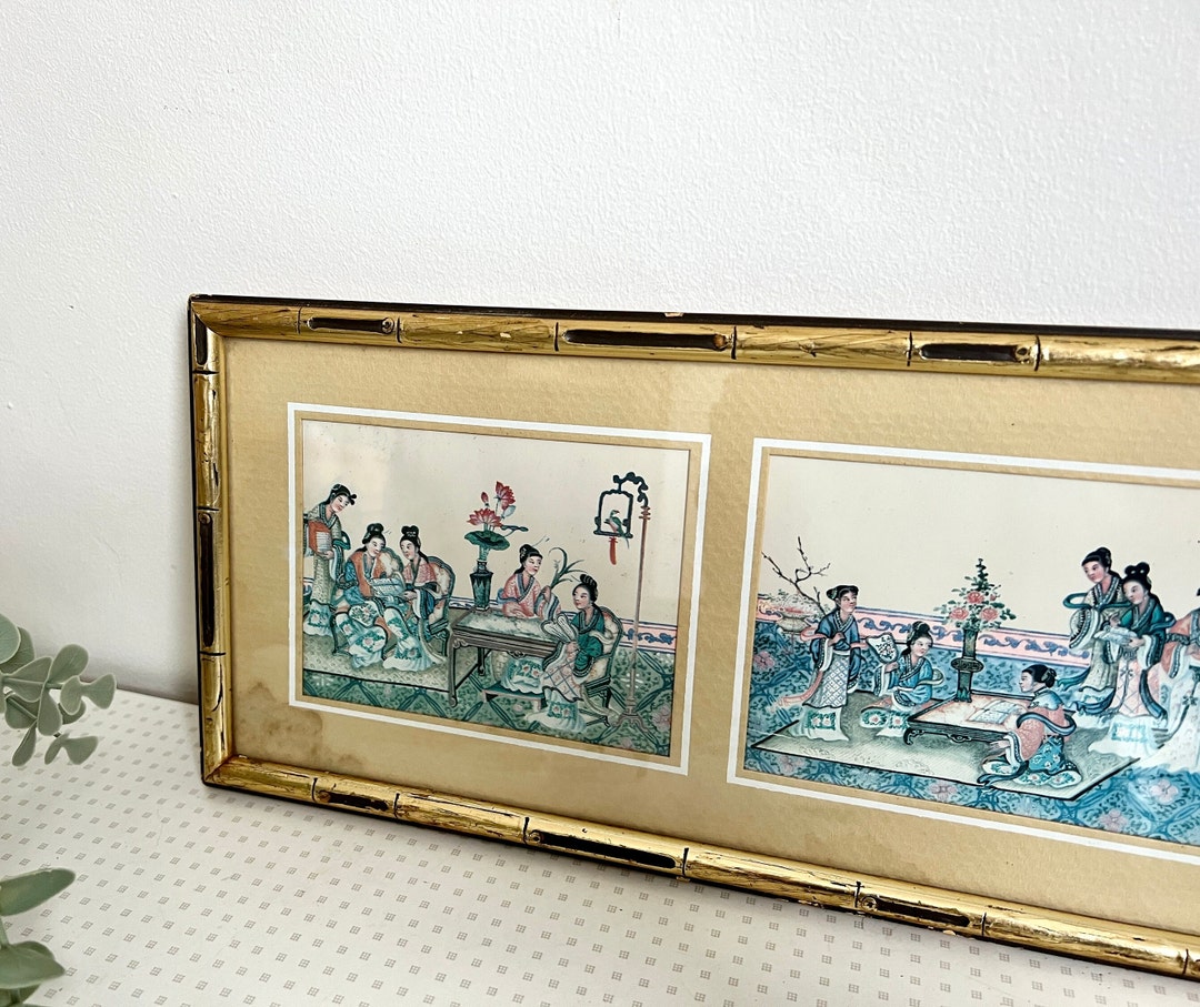 Vintage Oriental Chinese Geisha Tea Party Picture in Bamboo Style Frame ...
