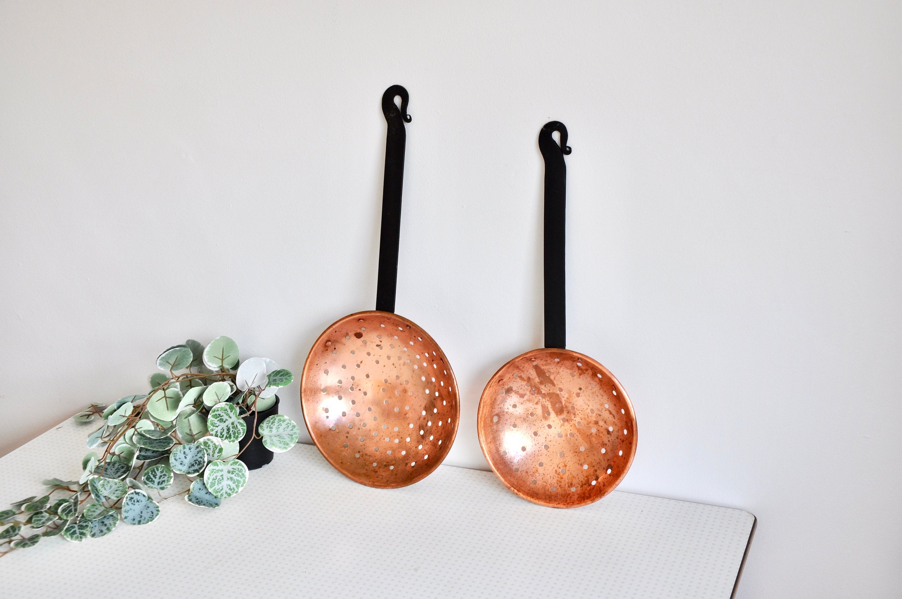 Vintage set of 2 rustic copper strainers with iron hooks from | Etsy