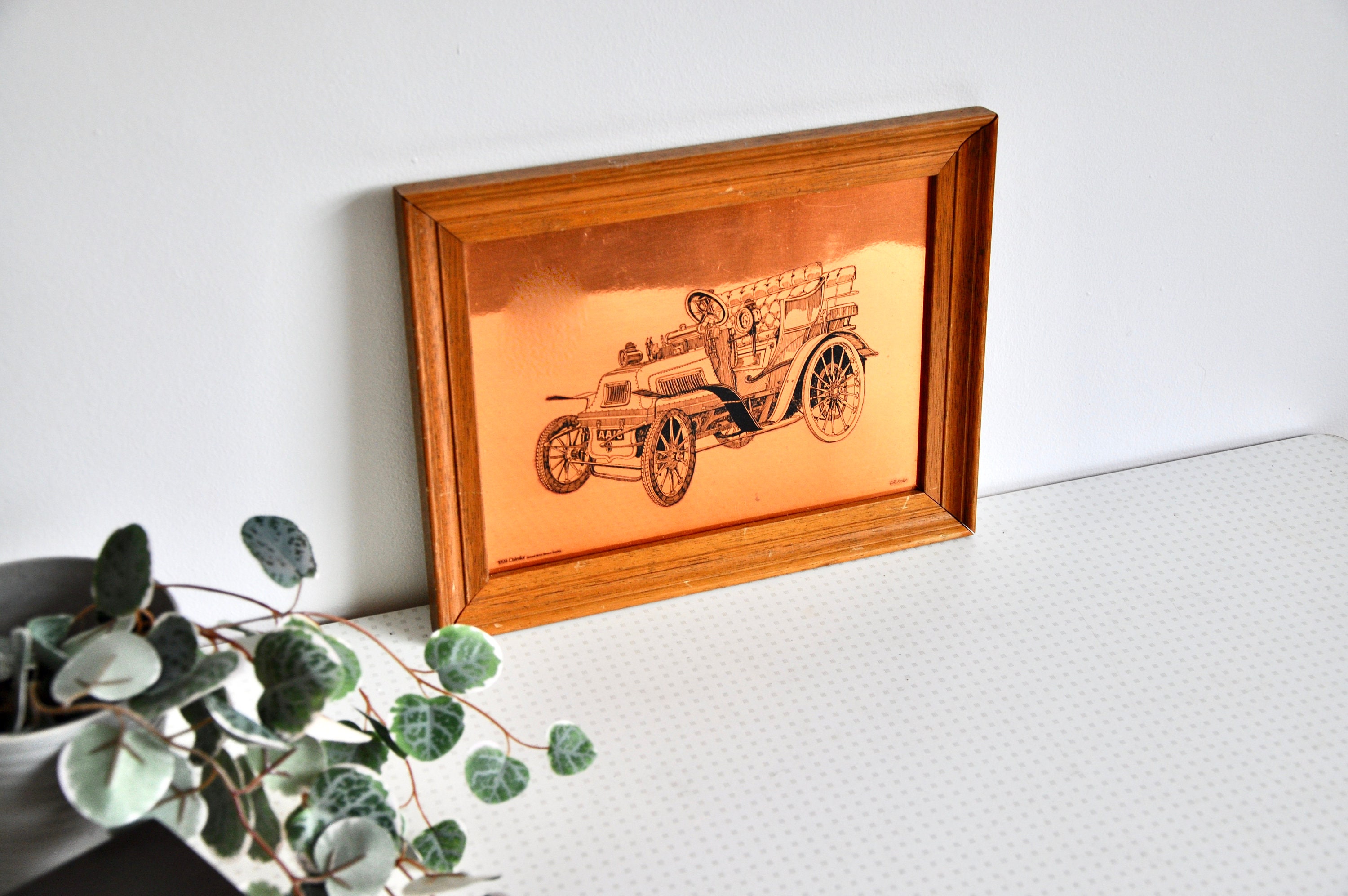 Vintage etched copper picture of a vintage car 1970s | Etsy
