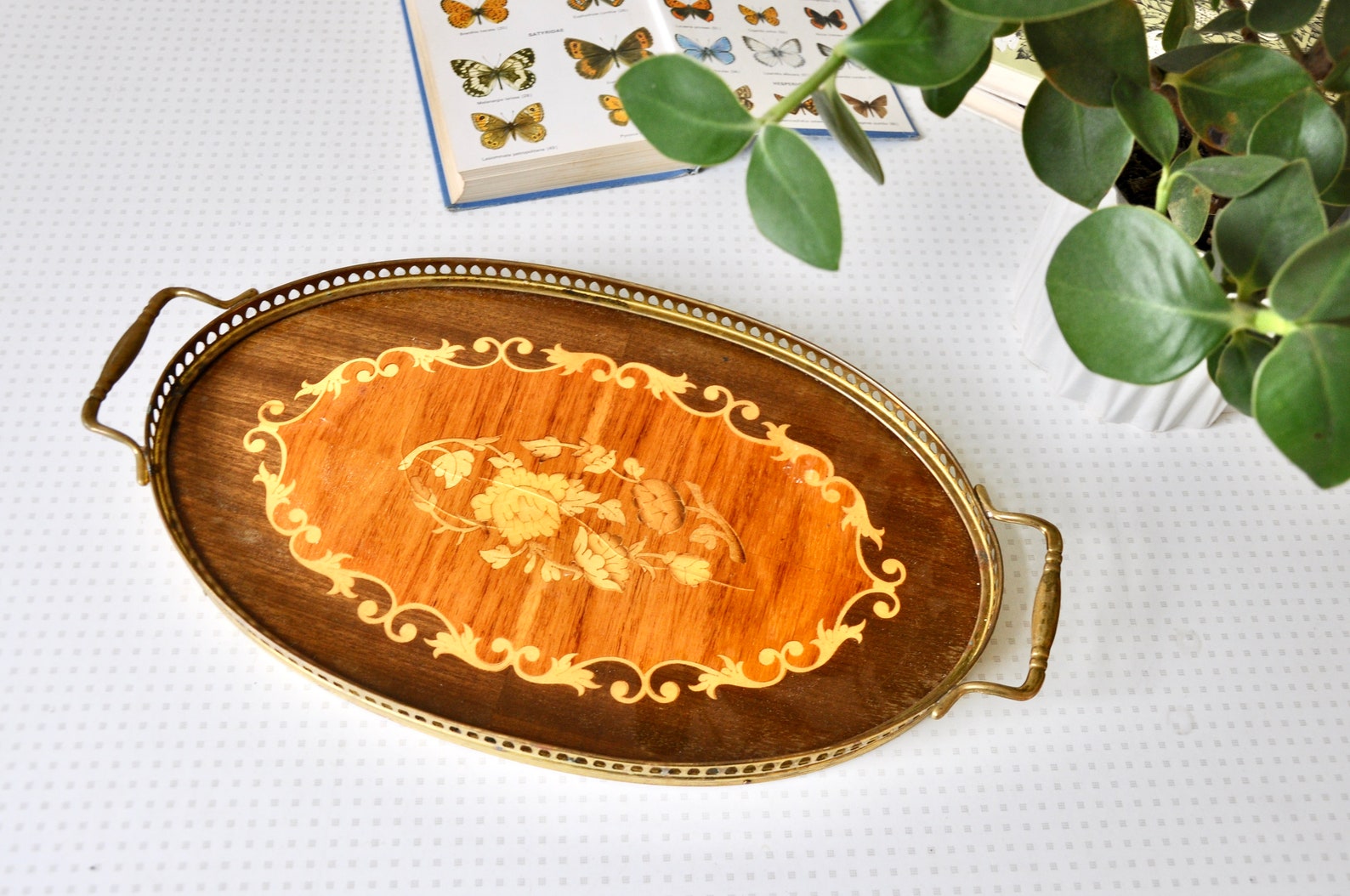 Vintage Wooden Inlaid Marquetry Tray With Floral Pattern and - Etsy