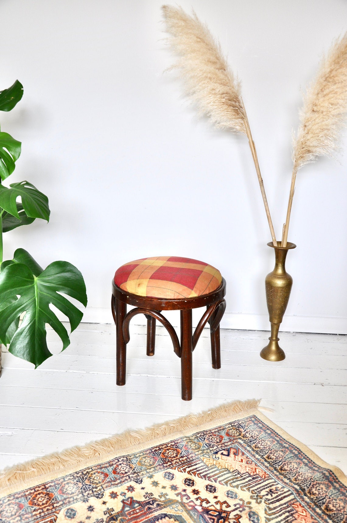 Vintage dark cane bamboo footstool from the 1980s | Etsy