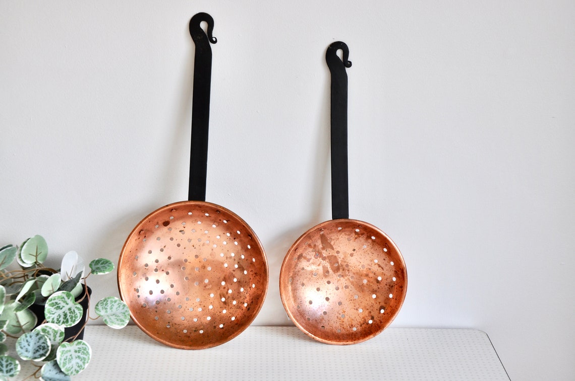 Vintage set of 2 rustic copper strainers with iron hooks from | Etsy