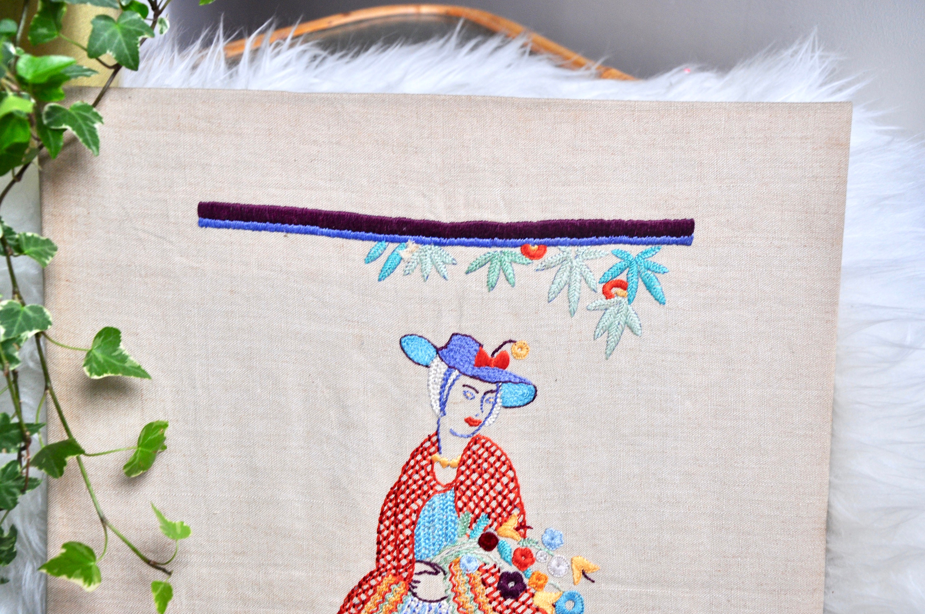 Vintage unframed embroidery of lady gardening from the 1970s | Etsy