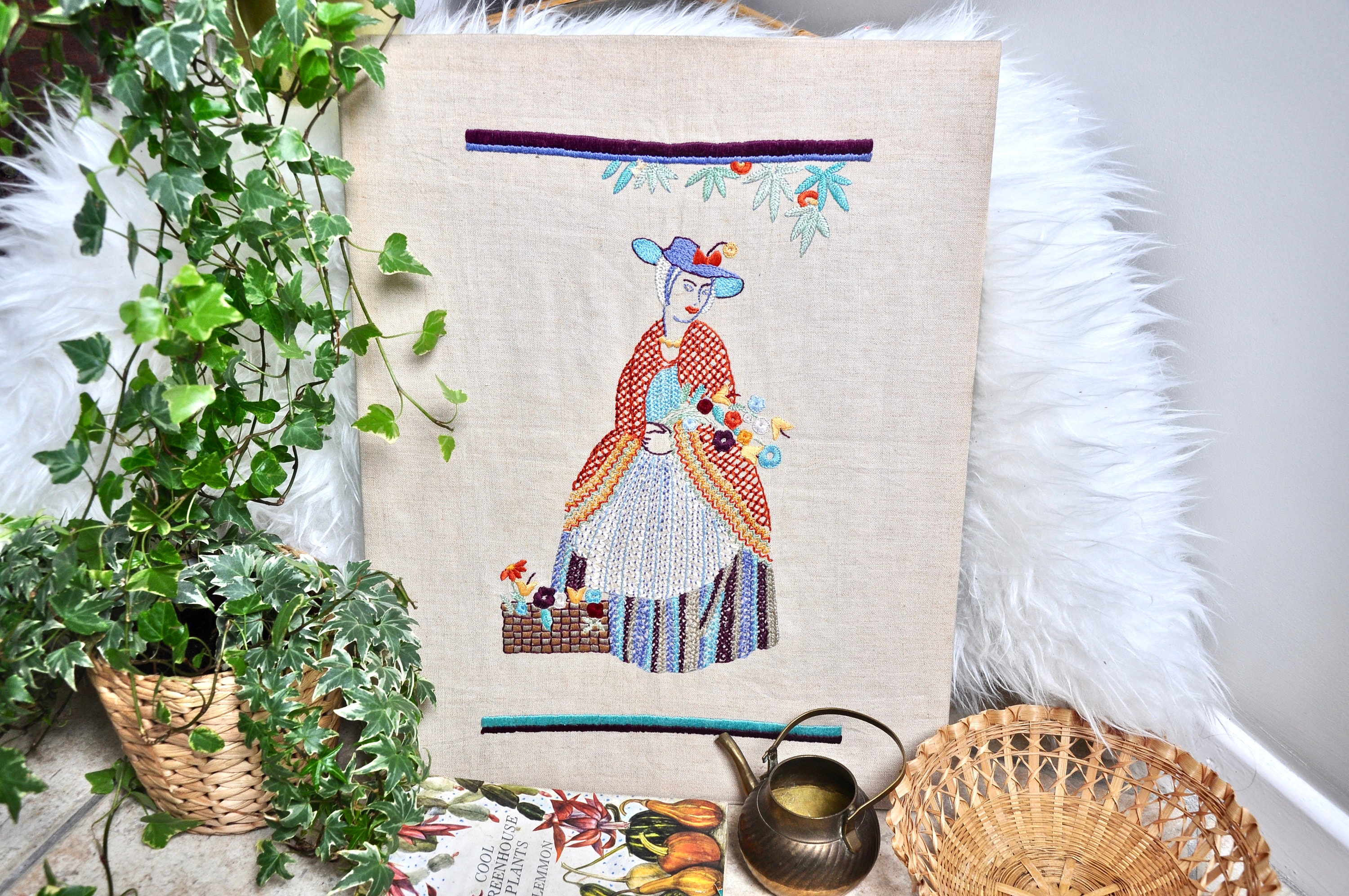 Vintage unframed embroidery of lady gardening from the 1970s | Etsy