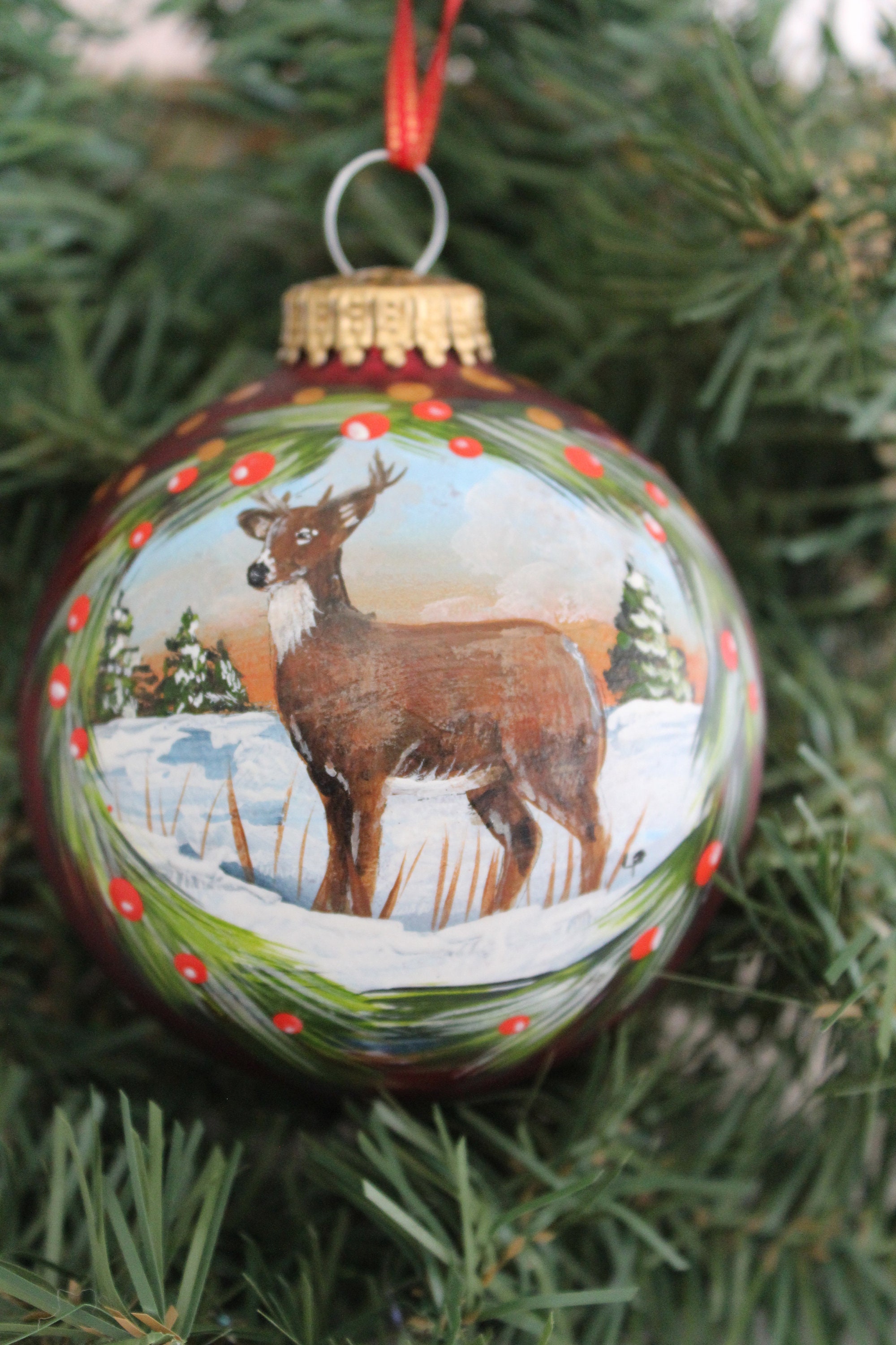 Deer Glass Ball Ornament, Deer Ornament, Buck Glass Frosted Red Ball 3 ...