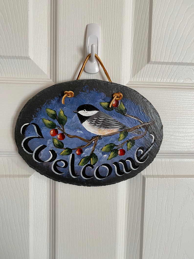 Hand Painted Chickadee Welcome Sign: Oval Slate Wall Hanging - Etsy