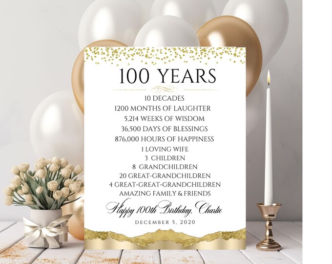 Personalized 100th Birthday Time Facts Gold Accent Party Digital ...