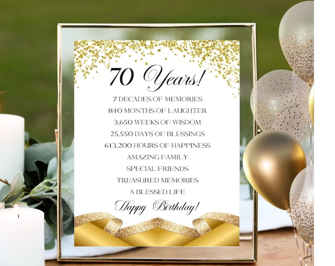 70th Birthday Time Facts Party Print, 70th Party Decoration, Table ...