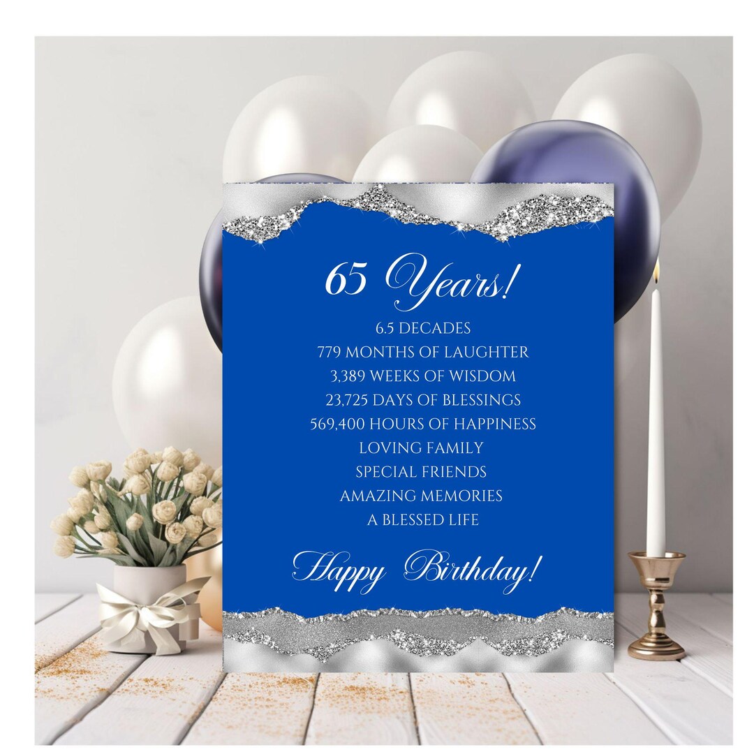 65th Birthday Time Facts Party Printable , Blue and Silver, 65 Years ...