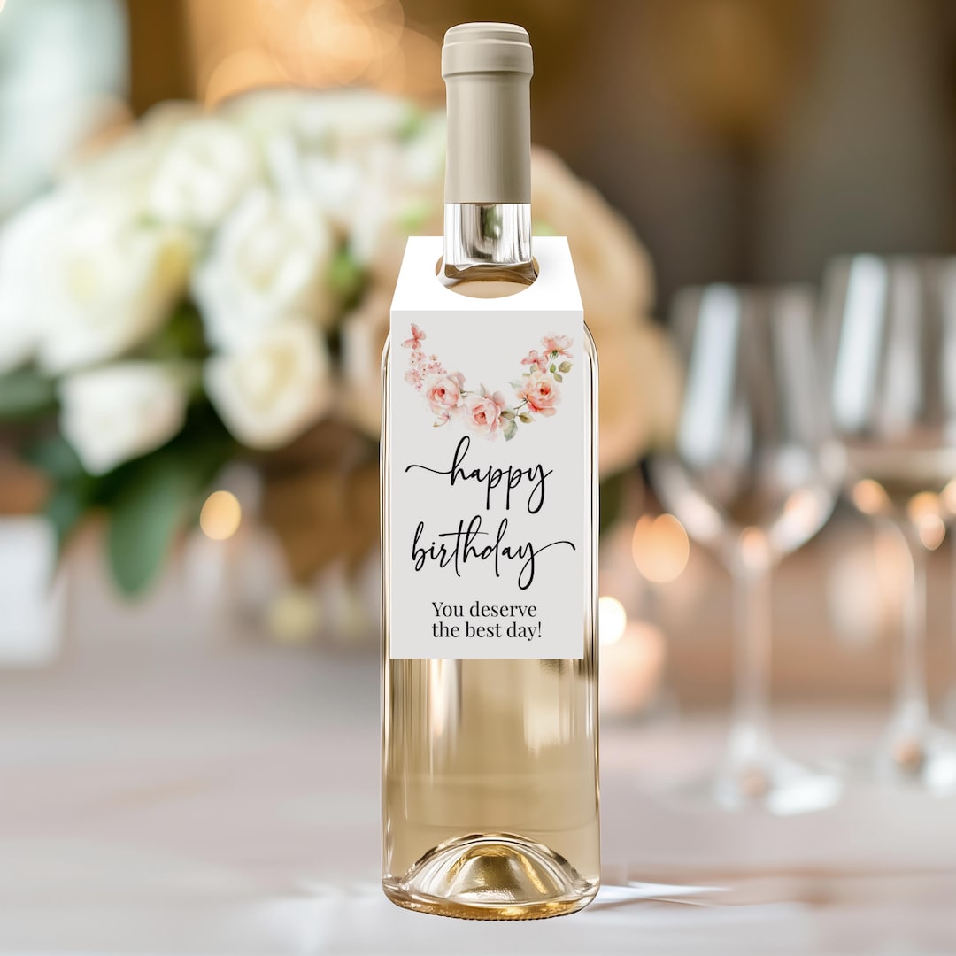 Happy Birthday Wine Neck Tag Printable, Pink Roses Wine Bottle Neck Tag ...