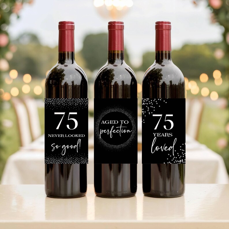 75th Birthday Wine Label Printable in Black and Silver, Birthday Wine ...