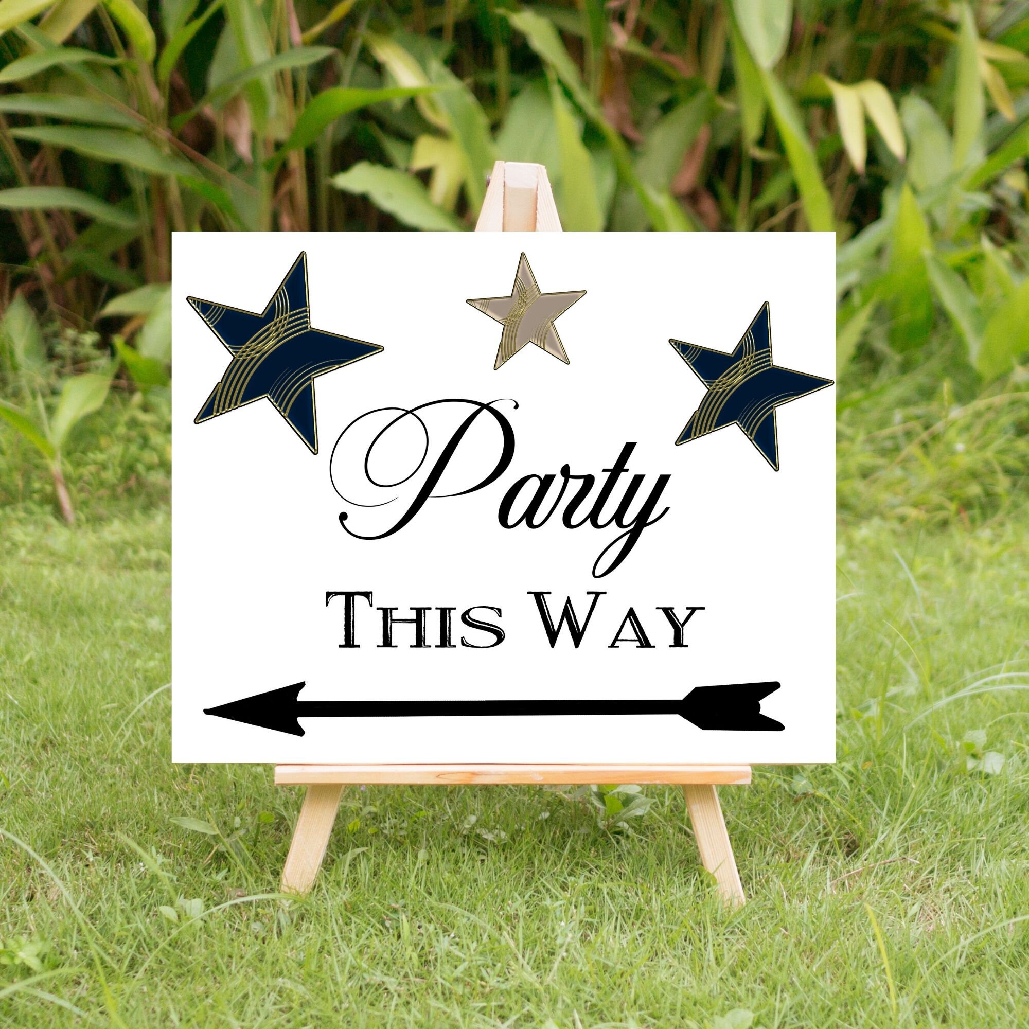 Party Directional Arrow Signs, Gold and Black Stars Design, Party This ...