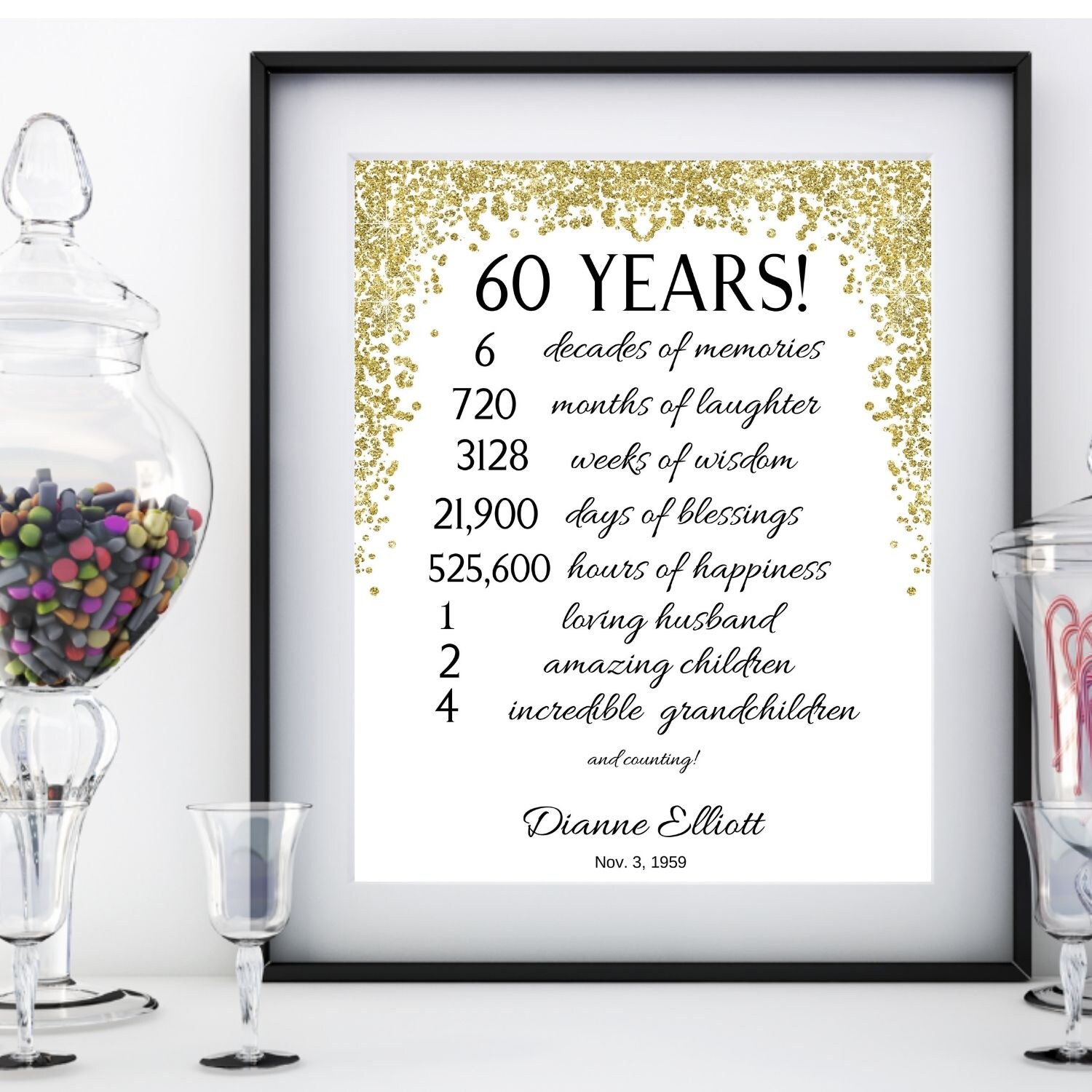 Personalized 60th Birthday Time Facts Print Gold Accent | Etsy