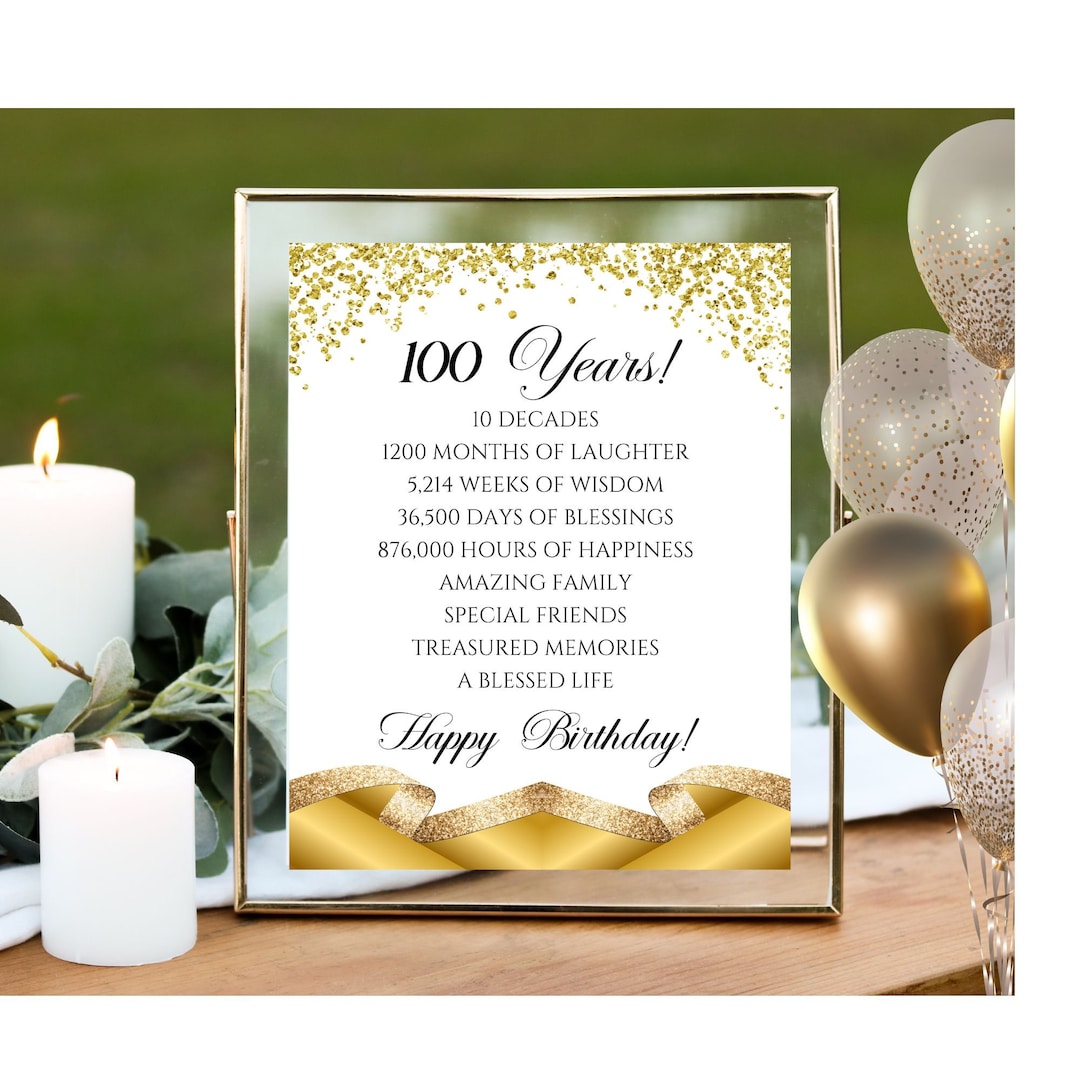 100th Birthday Time Facts Party Printable, 100th Gold Party Decoration ...