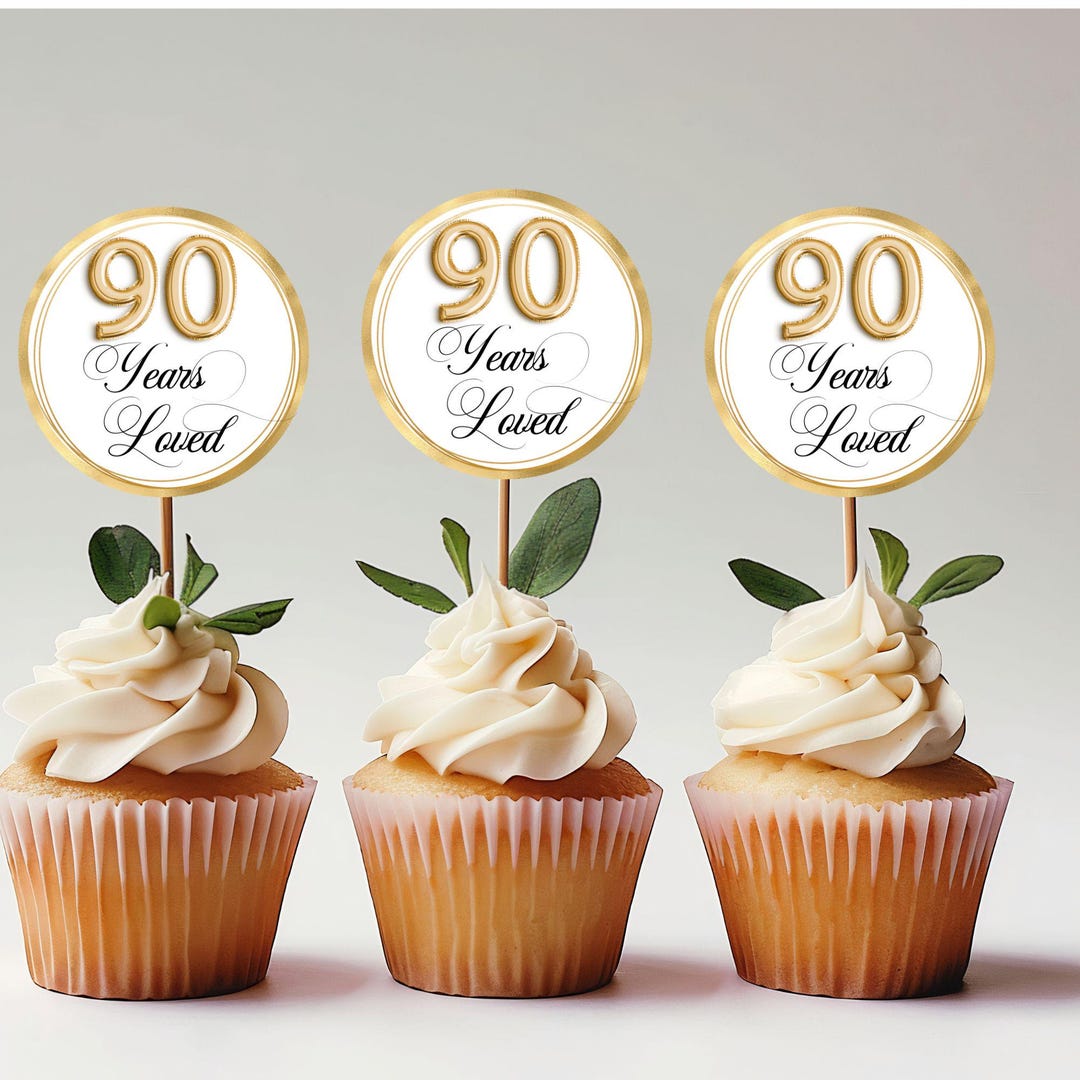 90th Printable Cupcake Topper/tag Printabel, 90th Birthday, Gold and ...