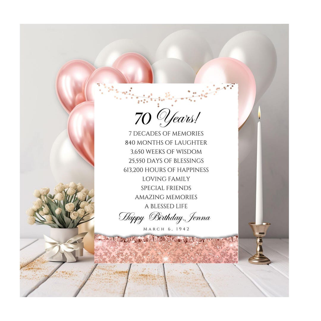 Personalized Name 70th Birthday Time Facts Party Print, 70 Years Rose ...