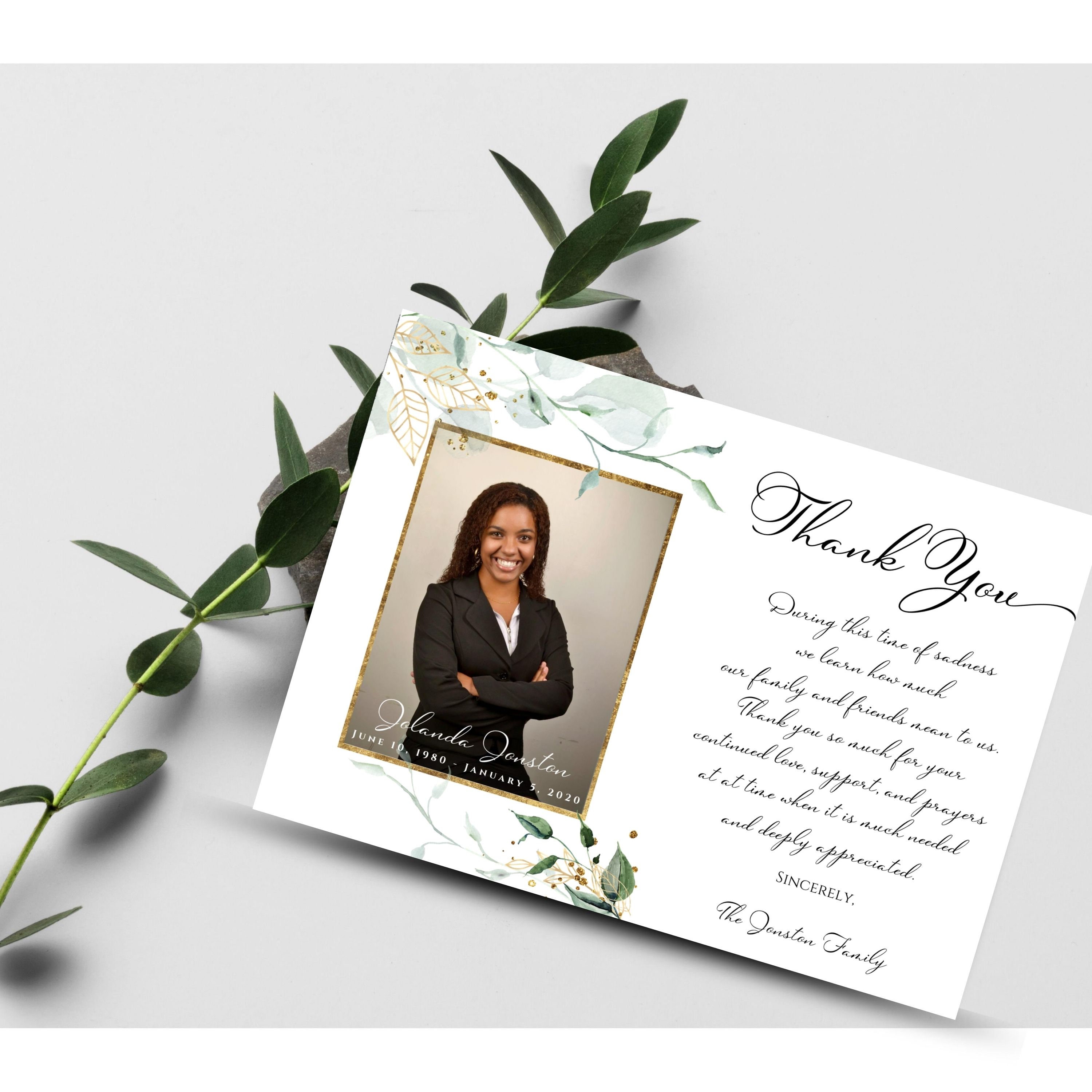 Personalized Memorial Thank You Card Green and Gold Floral | Etsy