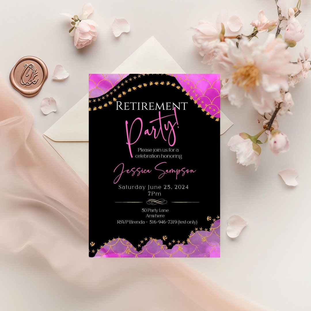 Personalized Retirement Party Invitation in Black, Pink and Gold ...