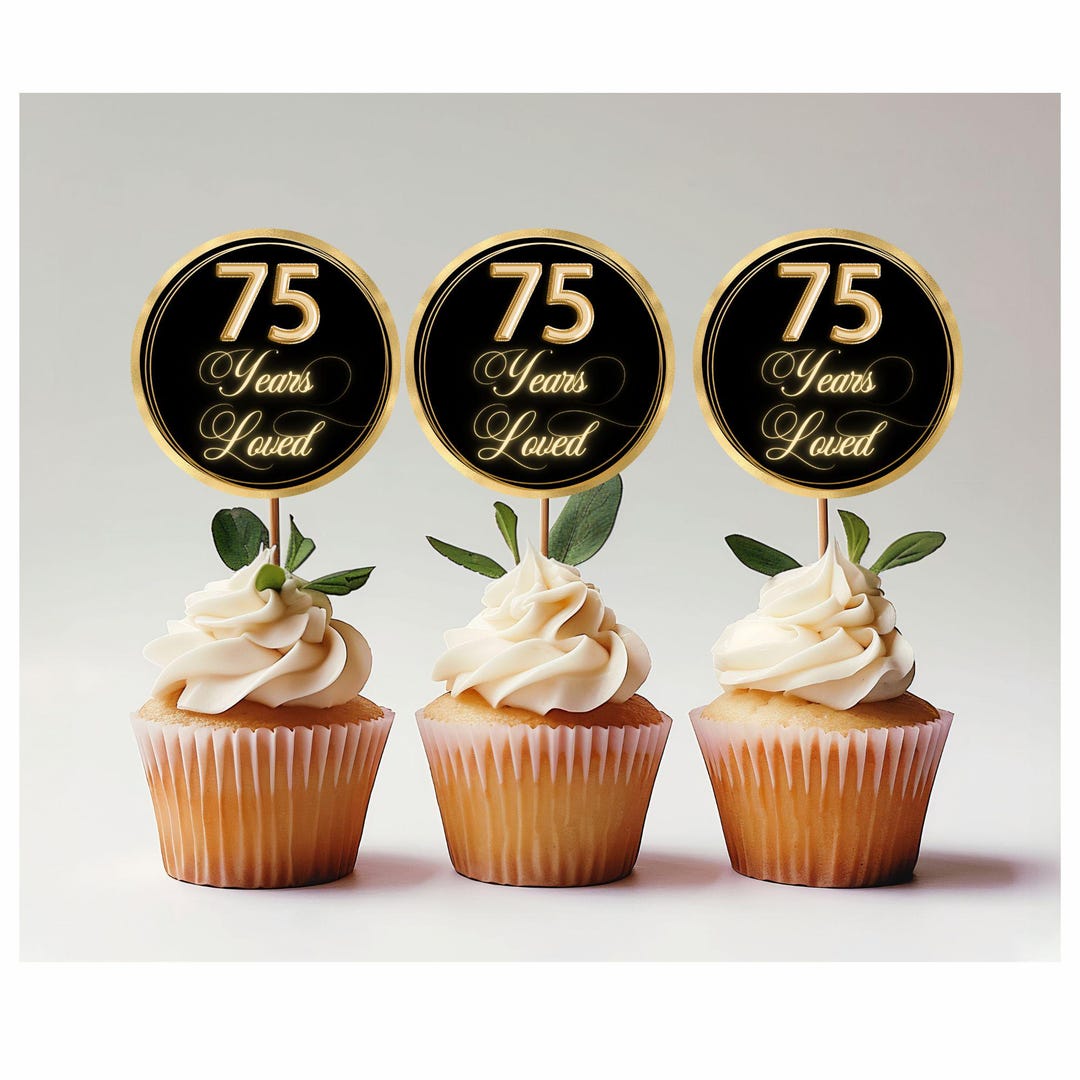 75th Birthday Cupcake Topper/tag Printable, Black and Gold Gift Favour ...