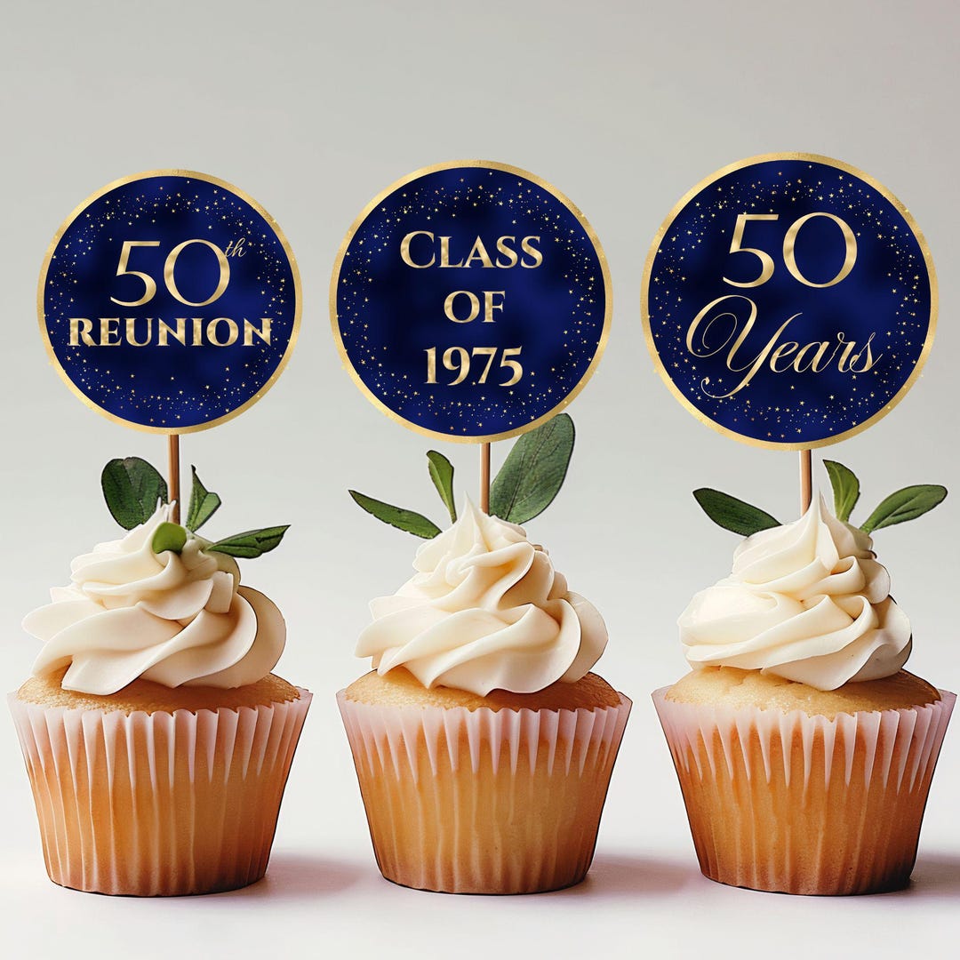 50th Reunion Cupcake Topper/favor Tag Printable, Blue and Gold Class ...