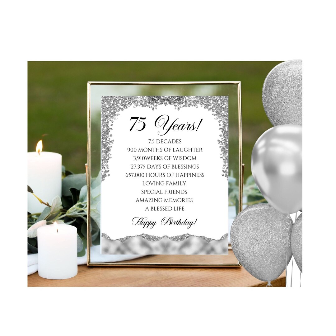 75th Birthday Time Facts Silver Glitter Accent Birthday Party Printable ...