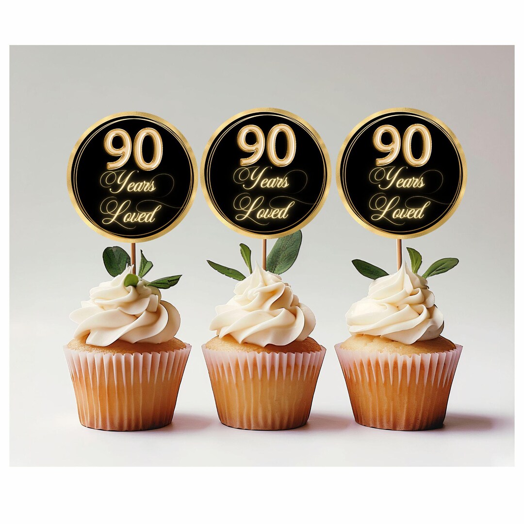 90th Birthday Cupcake Topper/tag Printable, Black and Gold Gift Favour ...