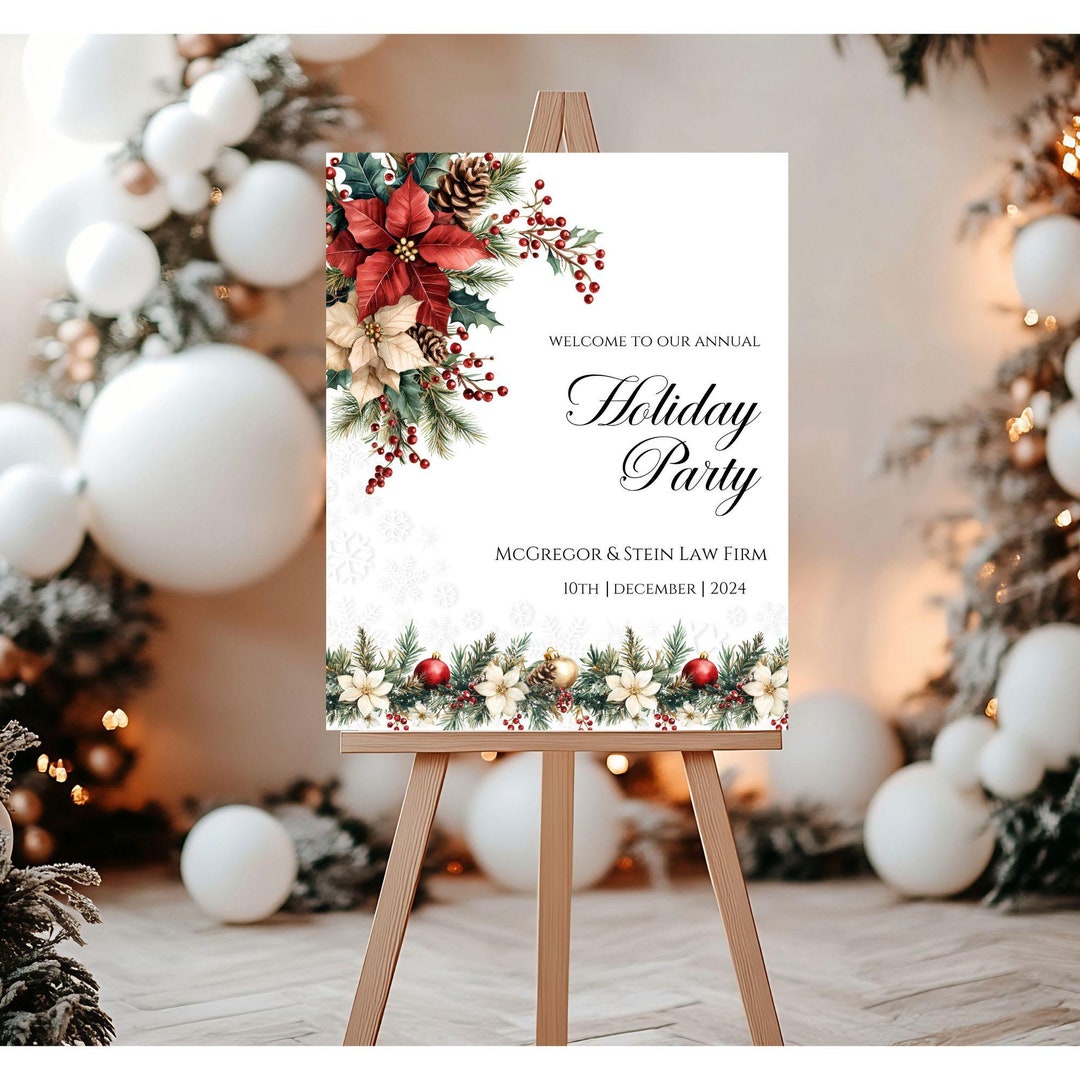 PERSONALIZED Holiday Party Welcome Sign, Poinsetta Greenery Christmas ...
