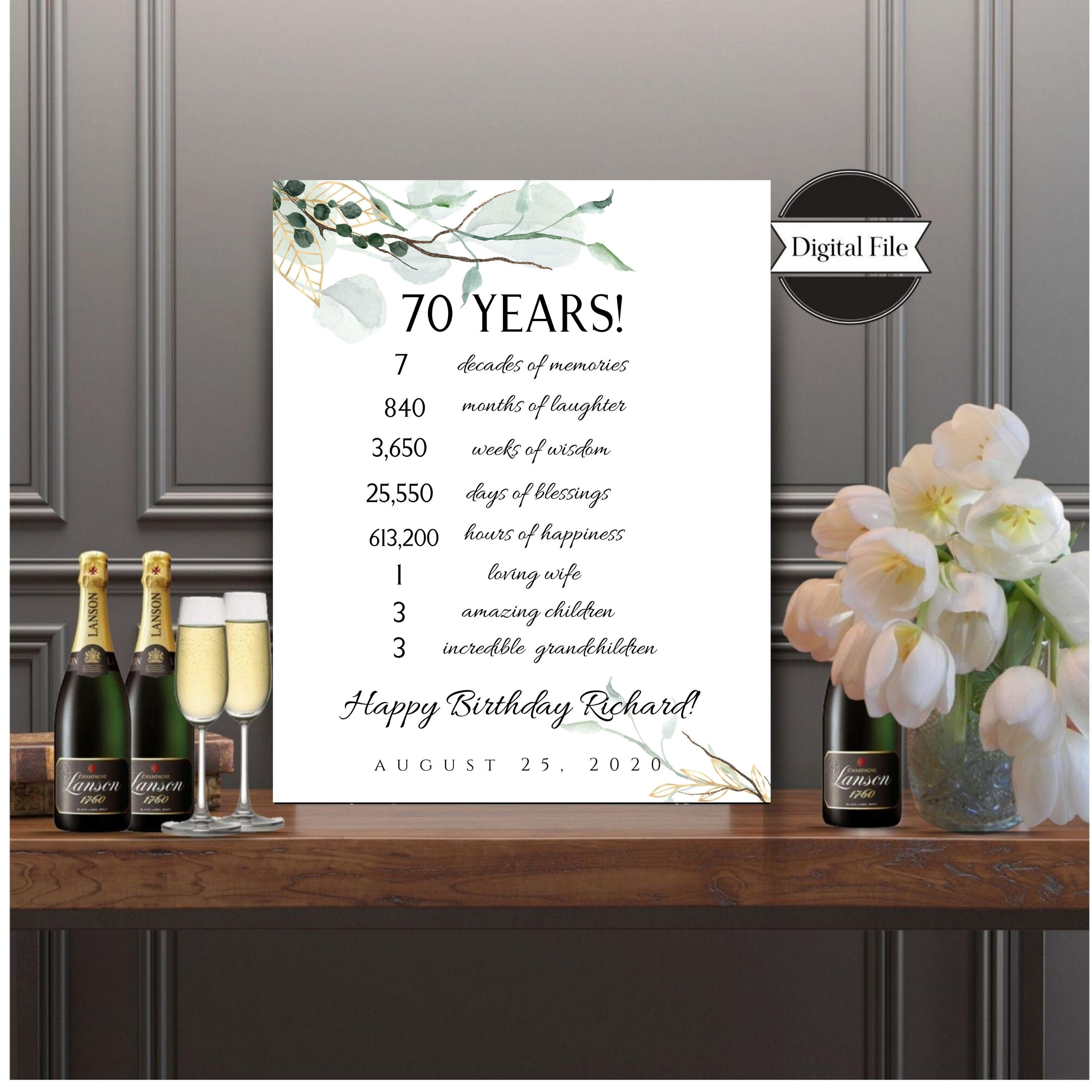 70th Birthday Personalized Greenery and Gold Accent Party | Etsy