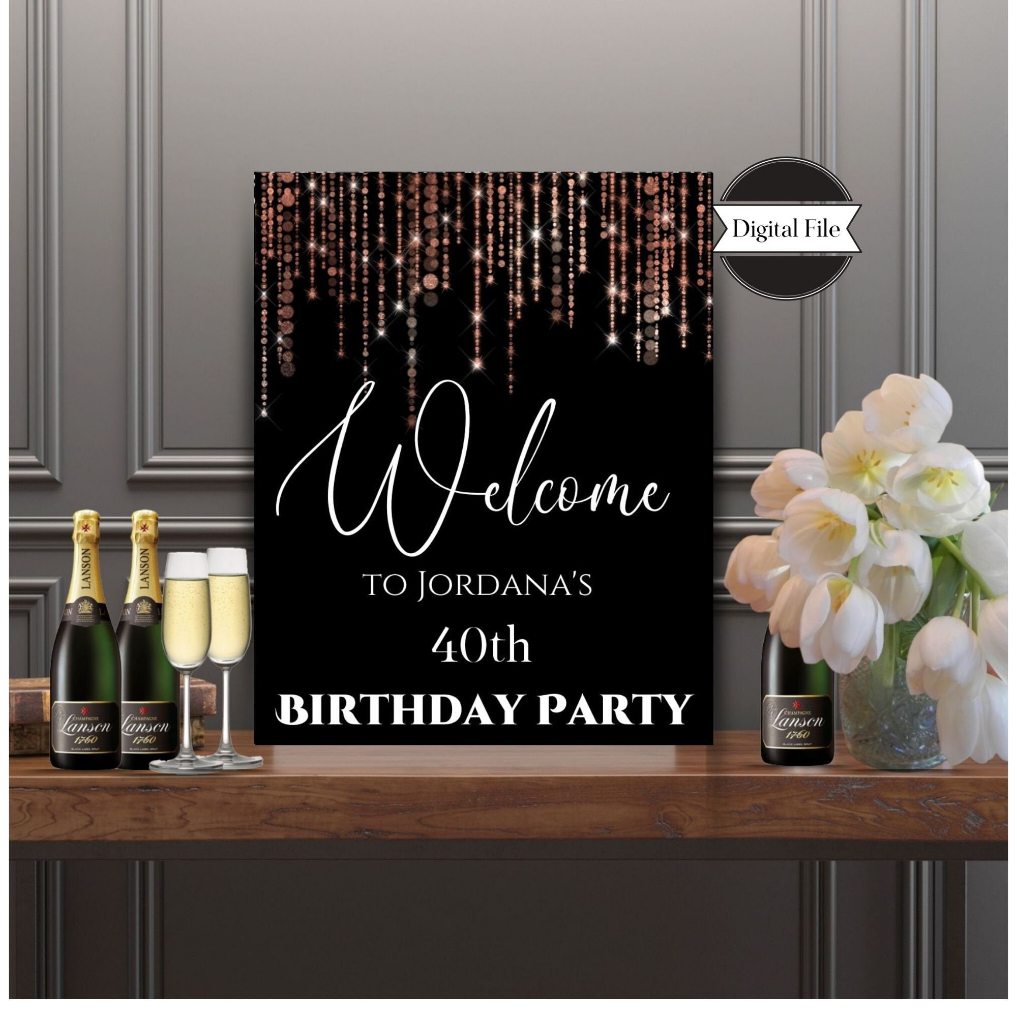 Birthday Party Welcome Sign Rose Gold and Black Personalized - Etsy