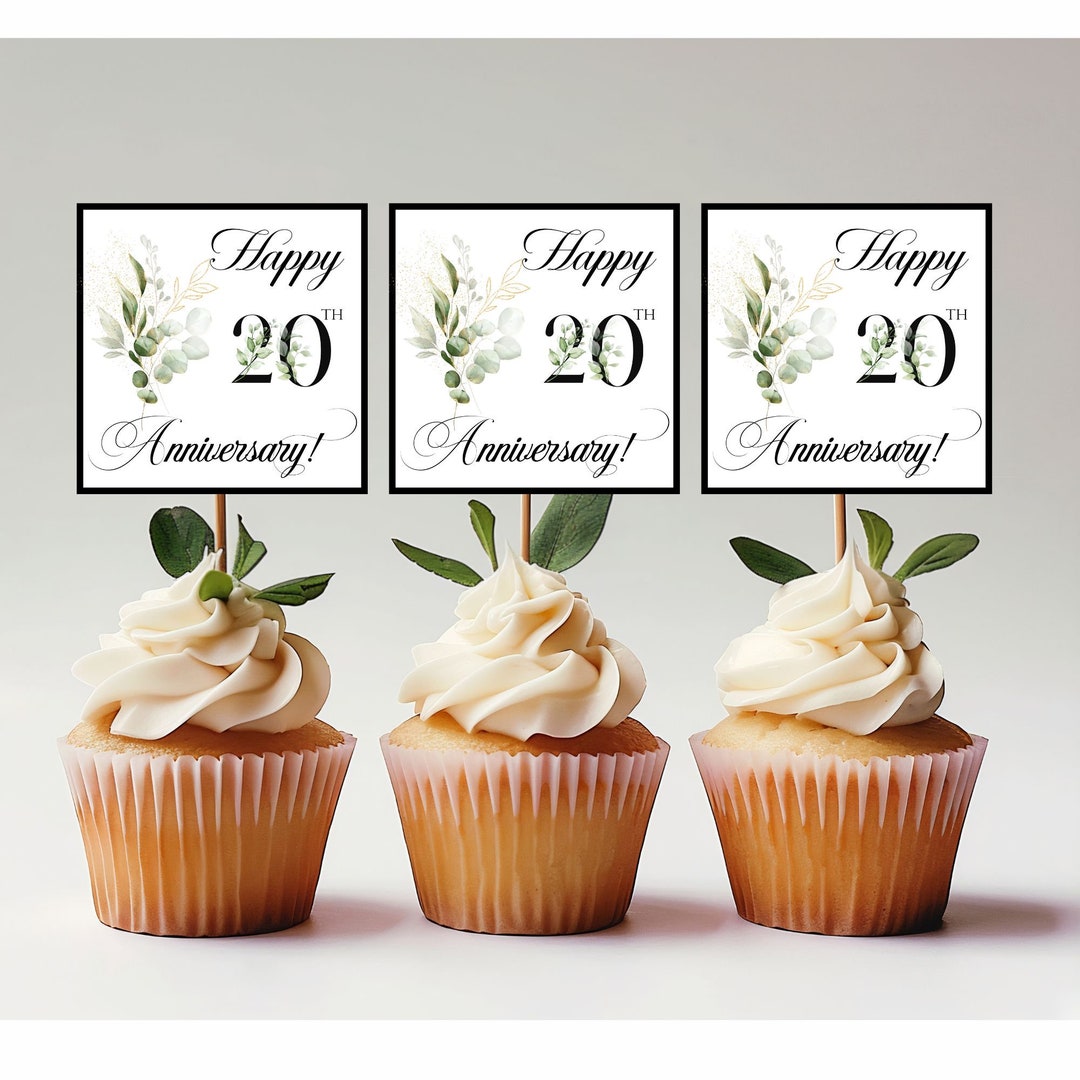 20th Anniversary Square Cupcake Topper/tag Printable, 20th Green Floral ...
