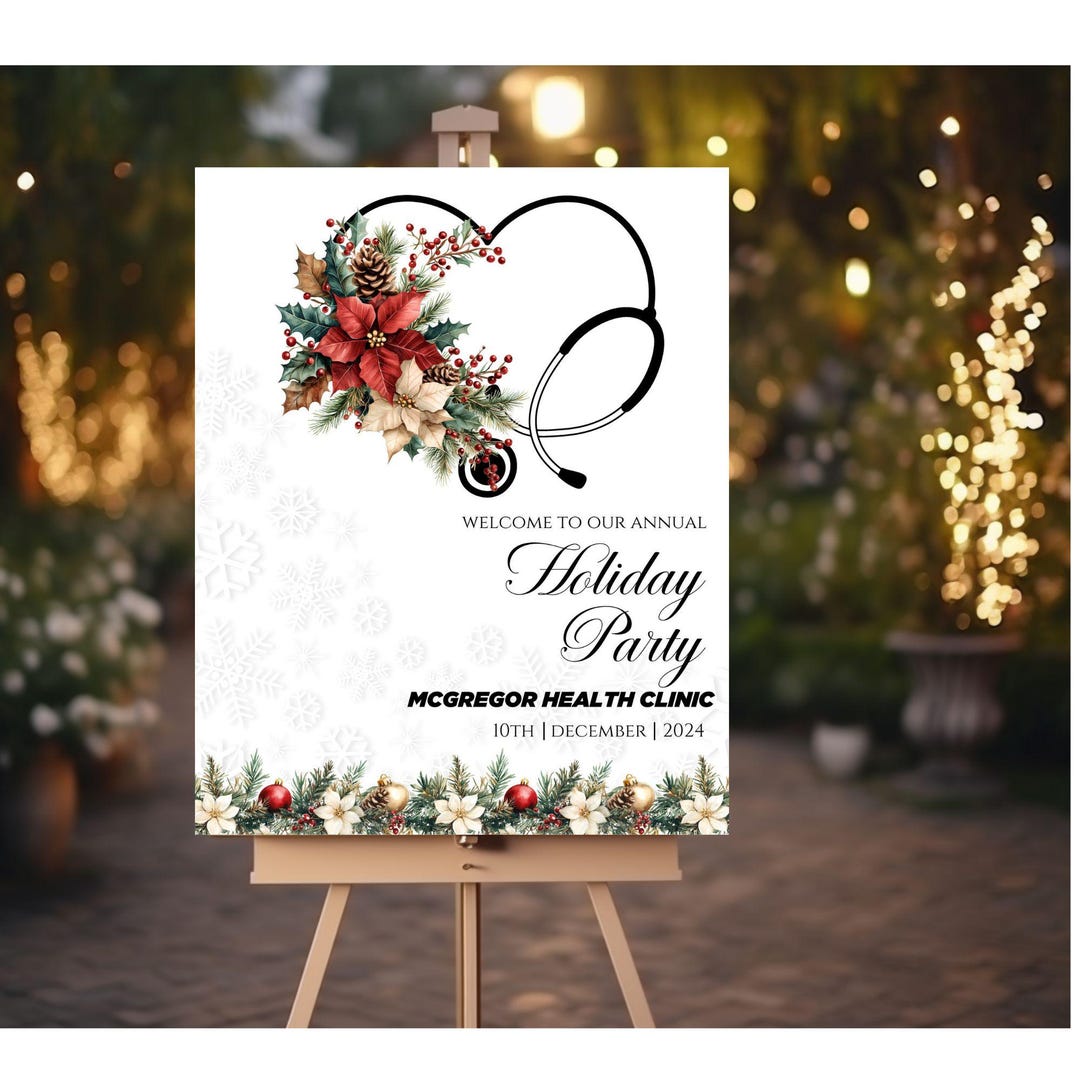 PERSONALIZED Medical Holiday Party Welcome Sign, Poinsettia Stethoscope ...
