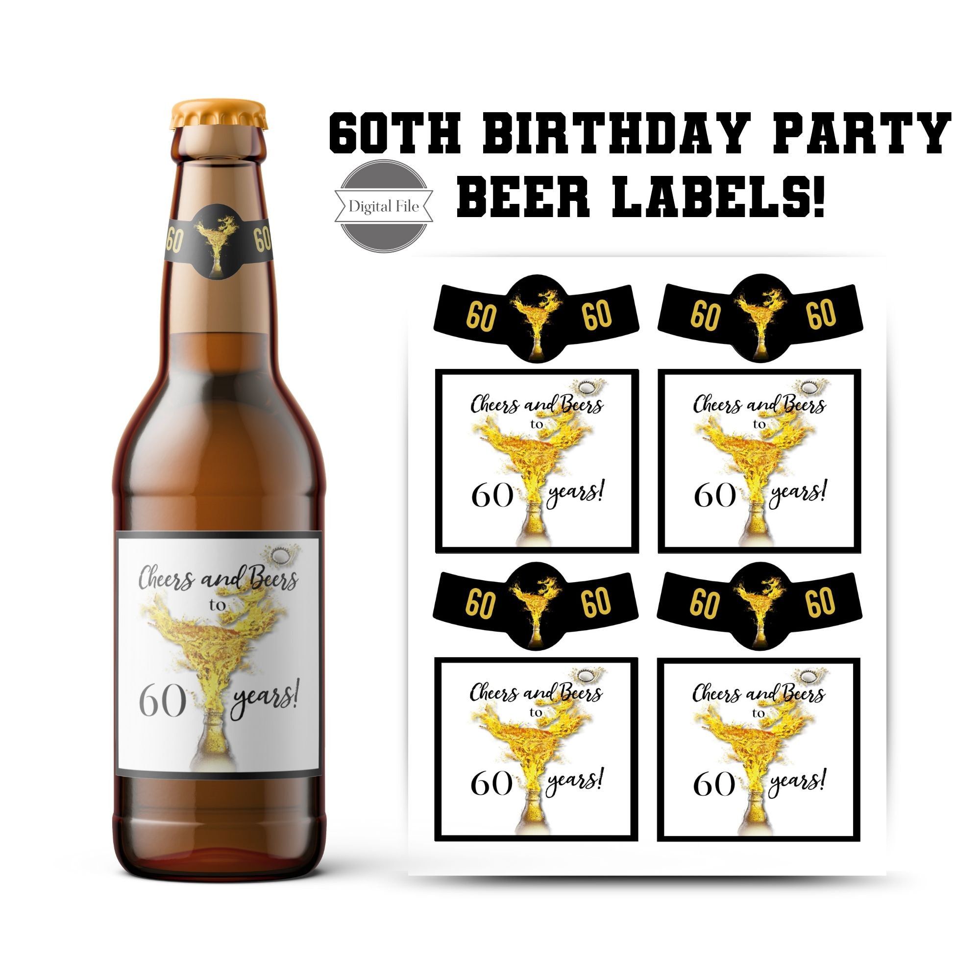 60th Beer Bottle Party Labels, 60th Birthday, Cheers and Beers Label ...