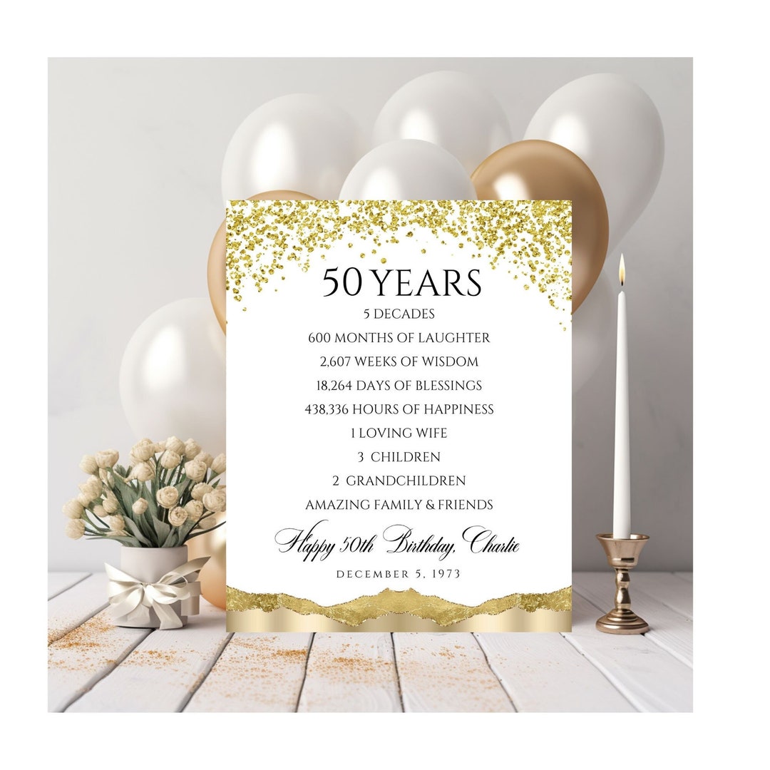 50th Birthday Time Facts Printable, Personalized Gold Glitter 50th ...