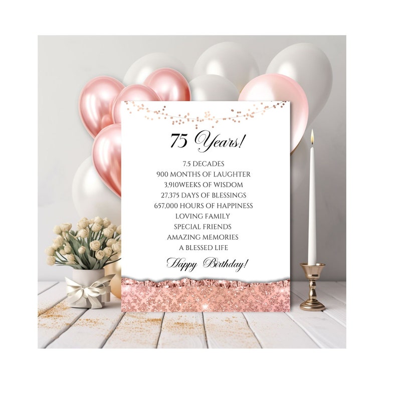 75th Rose Gold Birthday Time Facts Party Printable , 75th Party ...