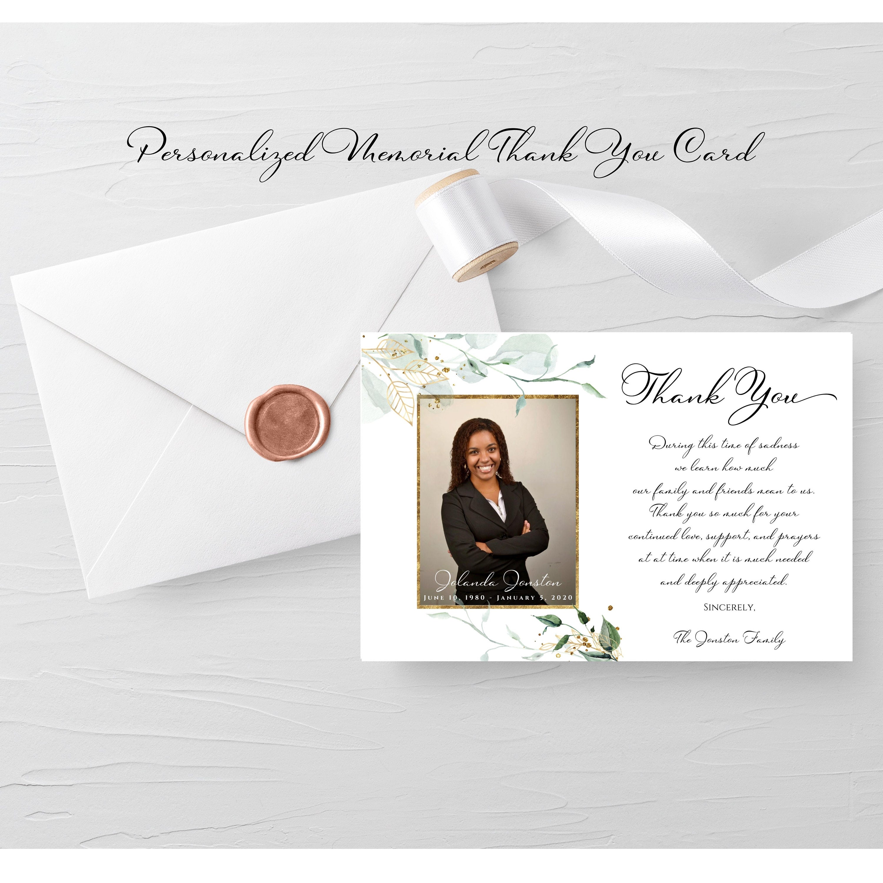 Personalized Memorial Thank You Card Green and Gold Floral | Etsy