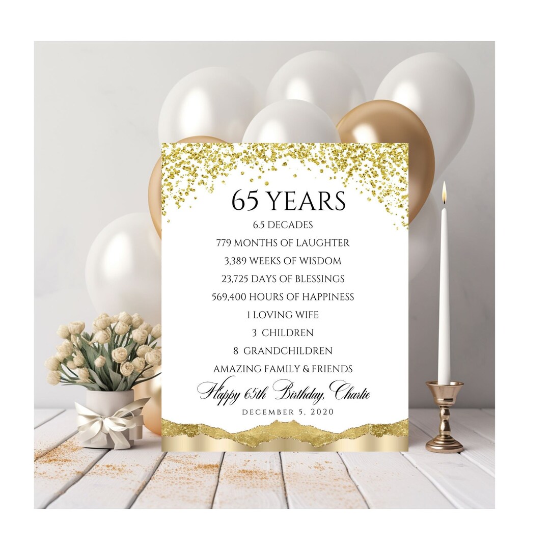 Personalized 65th Time Facts Birthday Printable, Gold Accent Party ...