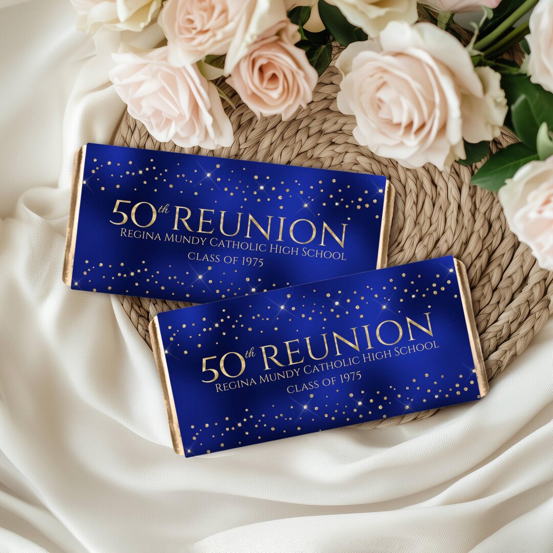 Personalized Blue and Gold Reunion Chocolate Bar Label Printables, Any ...