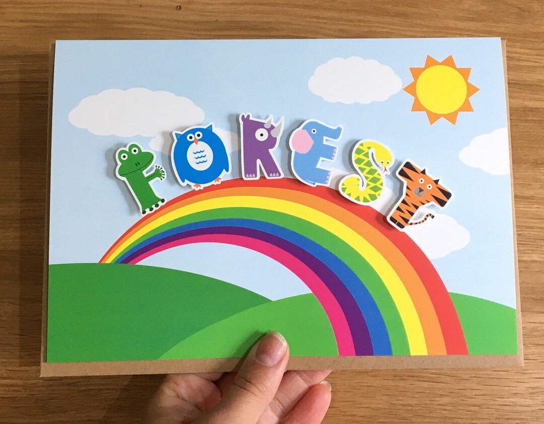 Personalised Name Card Animal Alphabet, Forest Rainbow Card, Name on ...